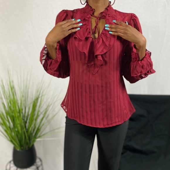 Tops | Burgundy Sheer Ruffle Top | Poshmark